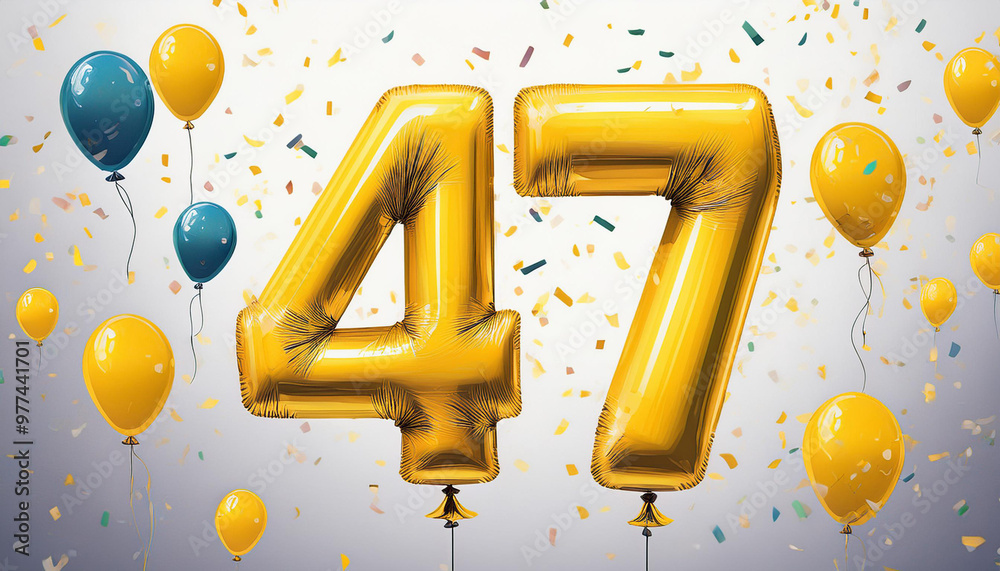 Yellow birthday / anniversary balloon, number 47, white background with ...