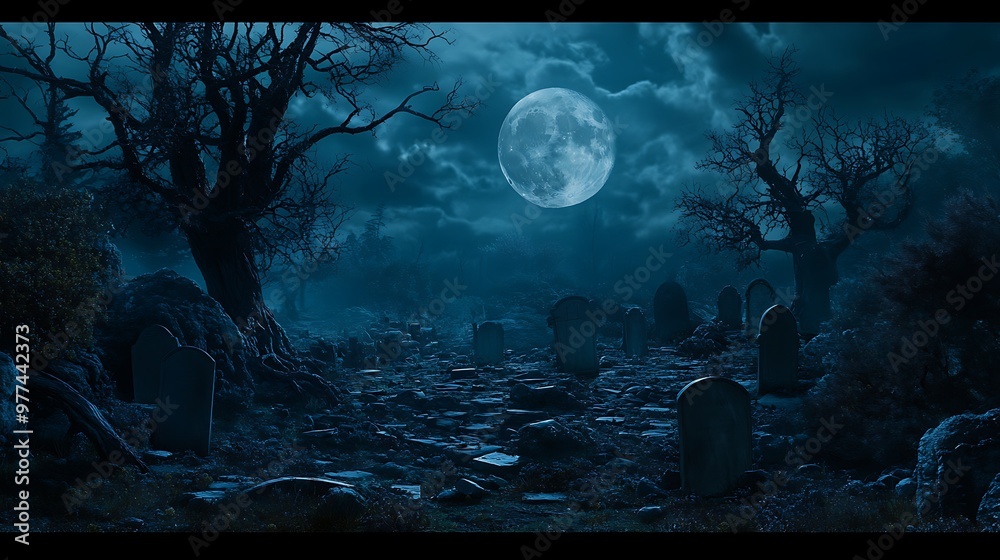 Full moon casting a glow over a spooky graveyard with skeletal trees and tombstones Stock ...