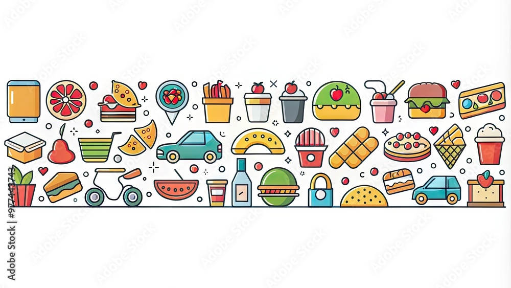 Colorful icons of popular food items and delivery symbols arranged in a ...