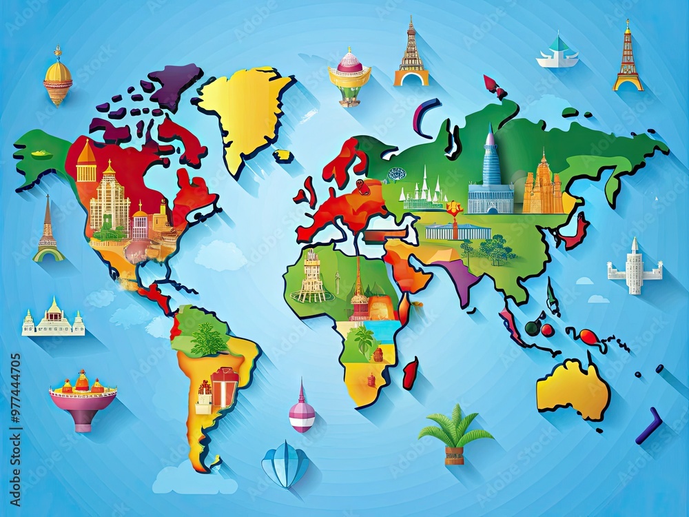 Colorful map with various icons representing popular tourist ...