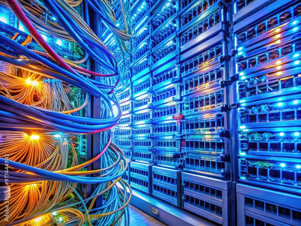 Colorful network cables and wires intertwined in a complex pattern ...