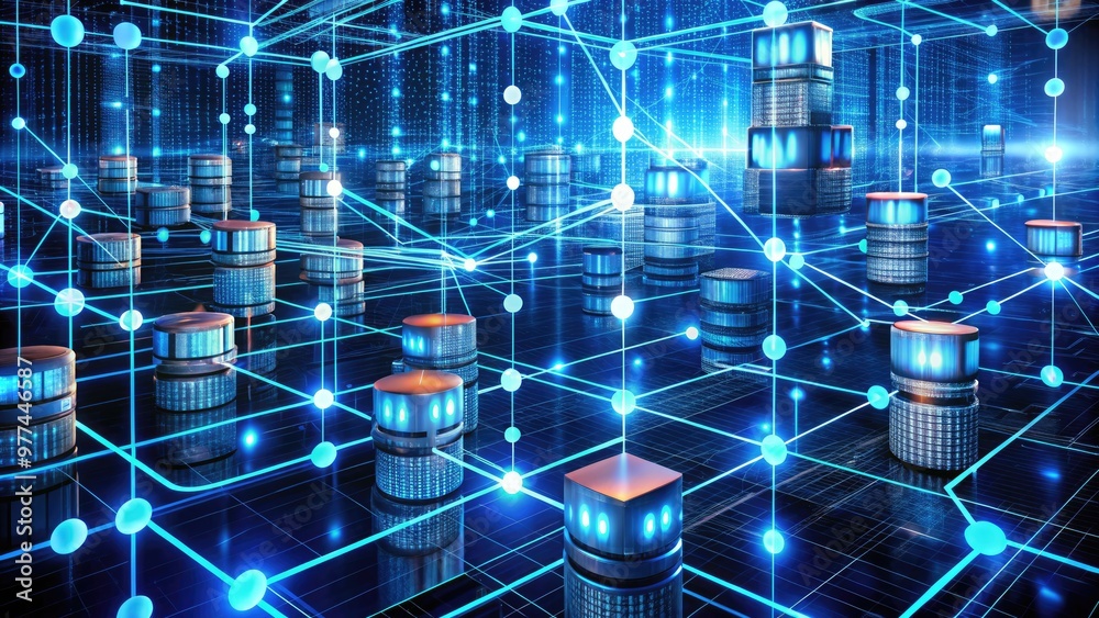 Conceptual illustration of interconnected digital nodes and grids ...