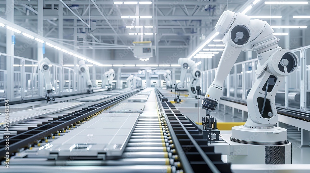 Advanced electric vehicle battery production line with robotic arms ...