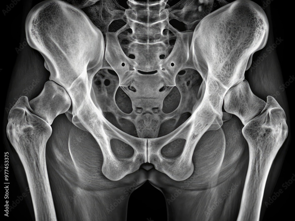Detailed MRI scan image of the hip joint shows the pelvis, femur, and ...