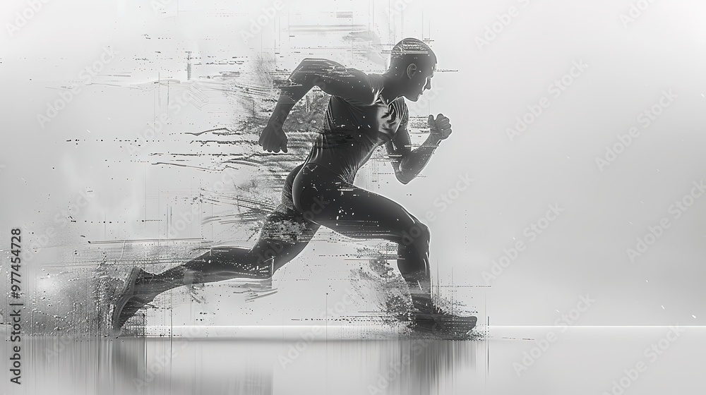 A dynamic picture showing a person in full motion, running on a clean ...
