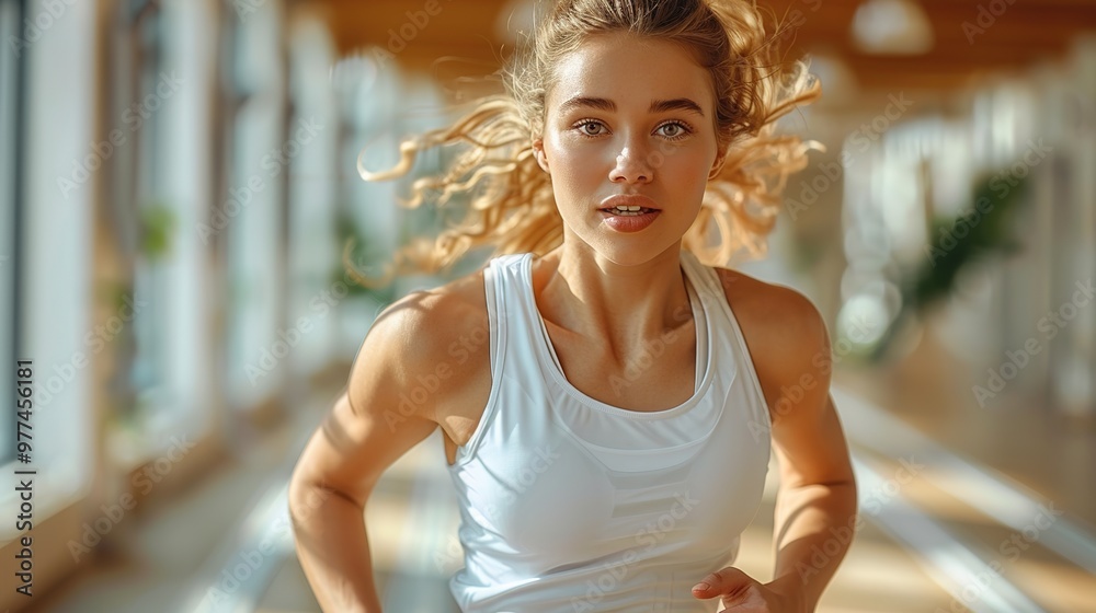 A dynamic picture showing a person in full motion, running on a clean ...