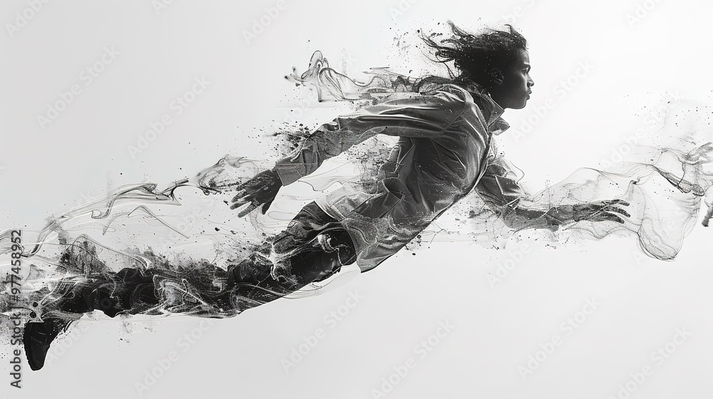 A dynamic picture showing a person in full motion, running on a clean ...