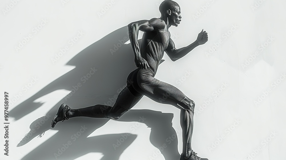 A dynamic picture showing a person in full motion, running on a clean ...
