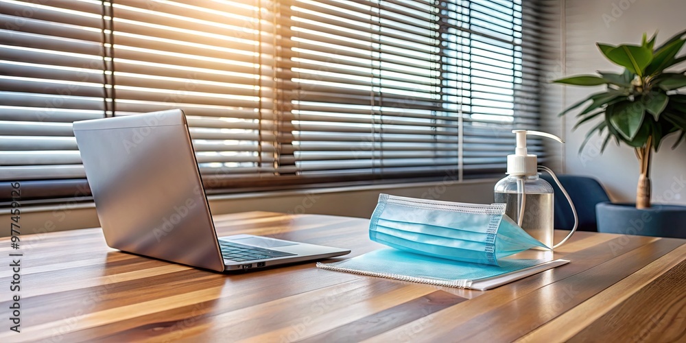 Empty office desk with laptop, mask, and hand sanitizer, surrounded by ...