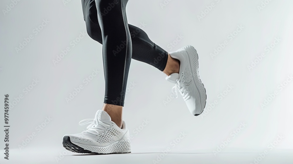 A dynamic picture showing a person in full motion, running on a clean ...