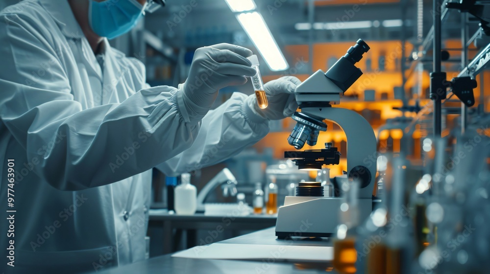 Scientist in lab coat holding vial of experimental drug, with ...