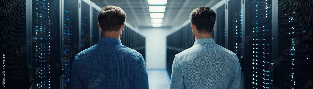 Two professionals observe server racks in a modern data center ...