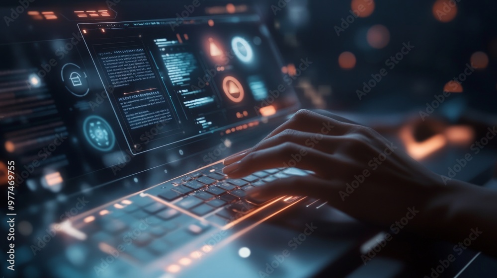 Hands typing on a sleek keyboard with a virtual assistant interface on the screen, showcasing ...