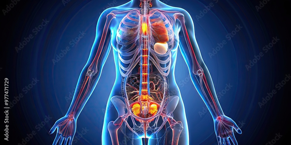 Illuminated 3D anatomy model of a female urinary system showcasing ...
