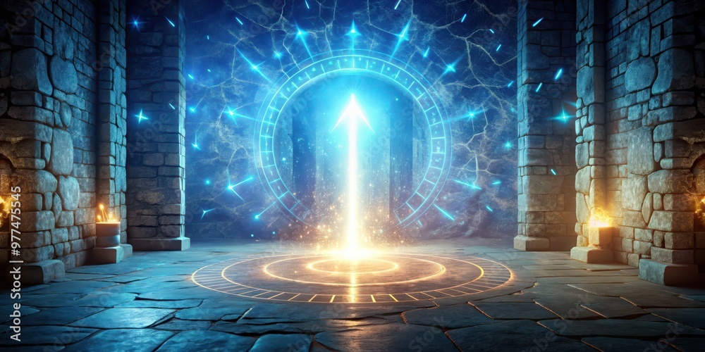 Ancient glowing runes on ground leading to portal of light, ancient ...