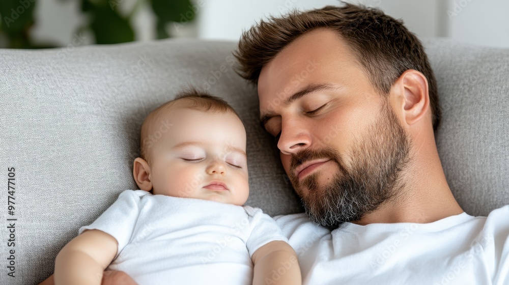Father and baby peacefully sleep together, showcasing a serene ...