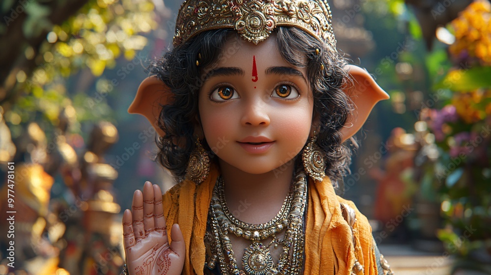 Show a realistic 3D cartoon of Ganesh with his hand on the shoulder of ...
