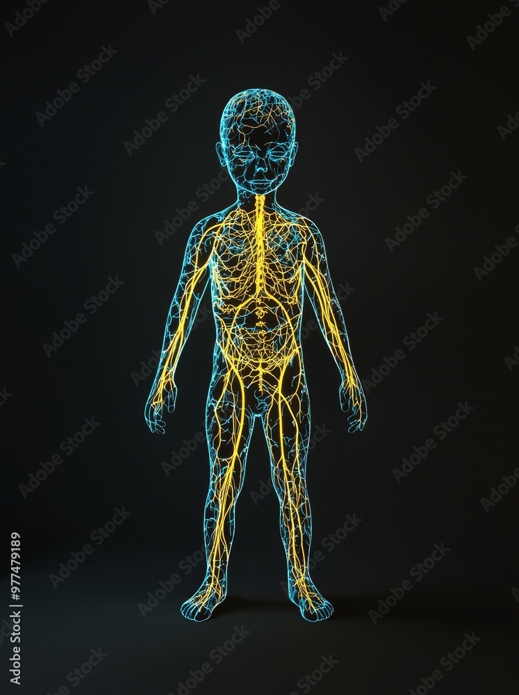 Rendering of a child's nervous system in 3D with medical accuracy Stock ...