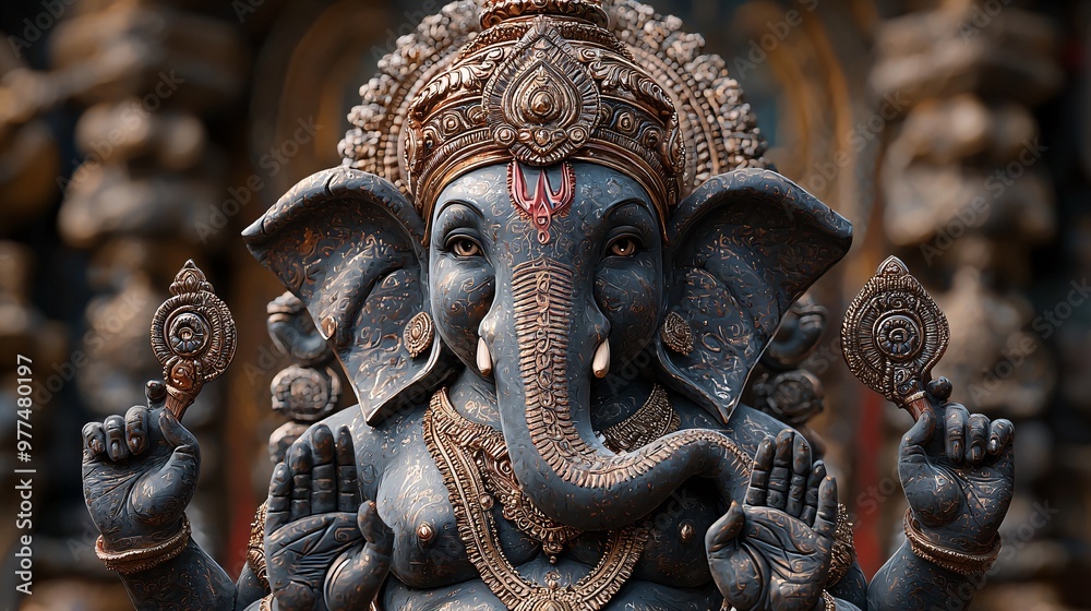 Render a 3D image of Ganesh with his four arms holding symbolic objects ...