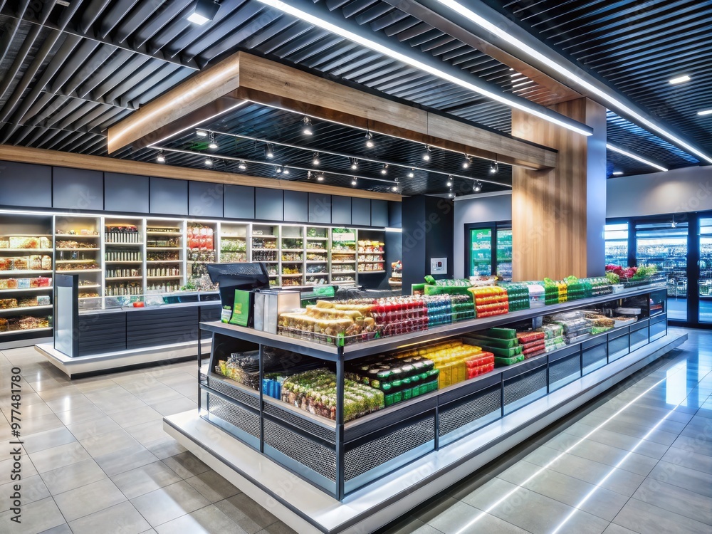 Modern convenience store with sleek shelves, automatic checkout ...