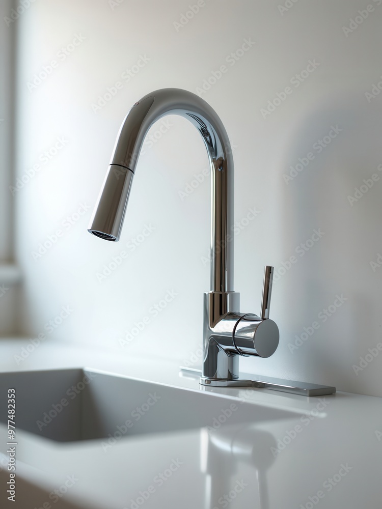 The image showcases a modern chrome kitchen faucet with a sleek and ...