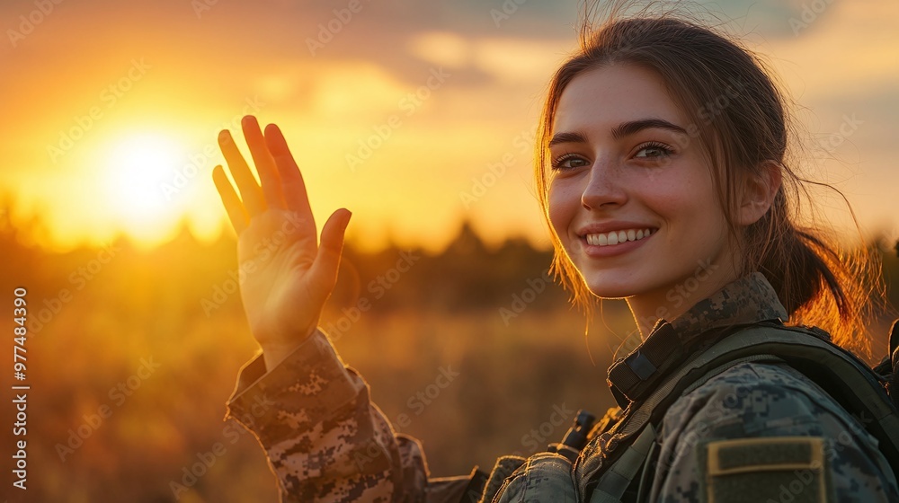 image of a soldier smiling and waving goodbye during sunset ...