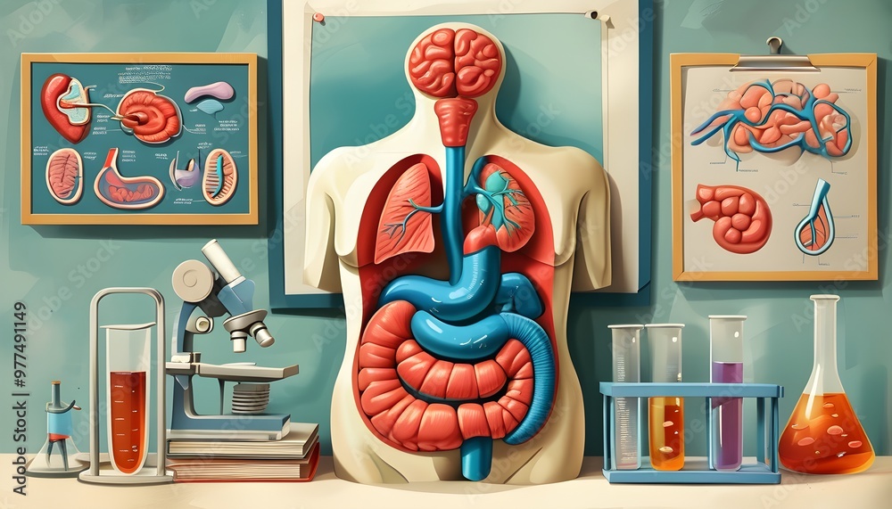 Detailed educational illustration showcasing the human digestive system ...