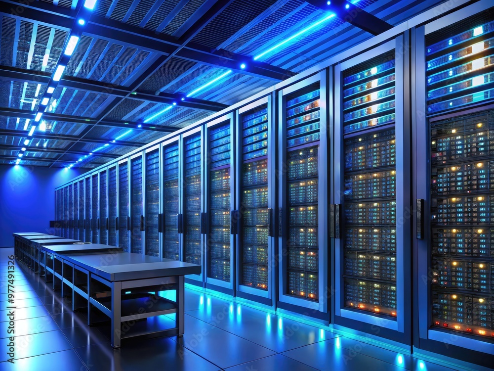 Row upon row of humming servers and blinking lights illuminate a state ...