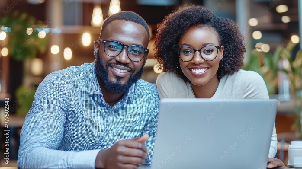 Two professionals collaborate in a bright office, with a laptop central ...