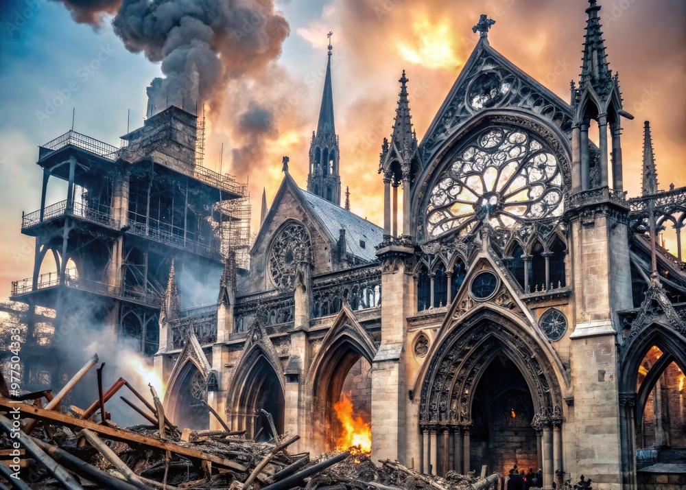 Soot-stained Gothic architecture stands amidst debris and rubble, with ...