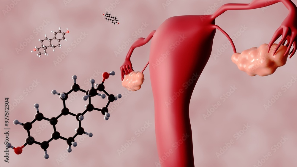 3d rendering of a female reproductive system with molecular structures ...
