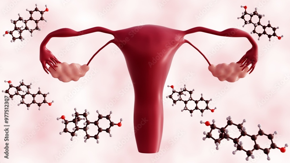 3d rendering of a female reproductive system with molecular structures ...