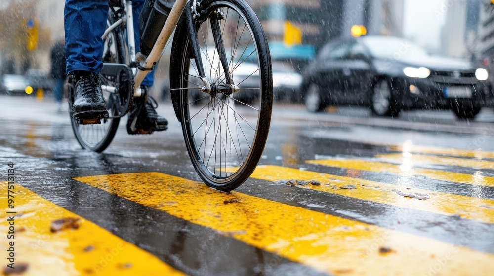 An urban scene of a cyclist riding their bicycle on a wet and ...