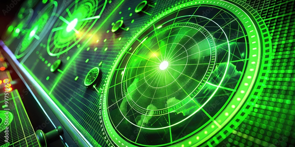 Vibrant green radar screen displays sweeping motion, detecting distant ...
