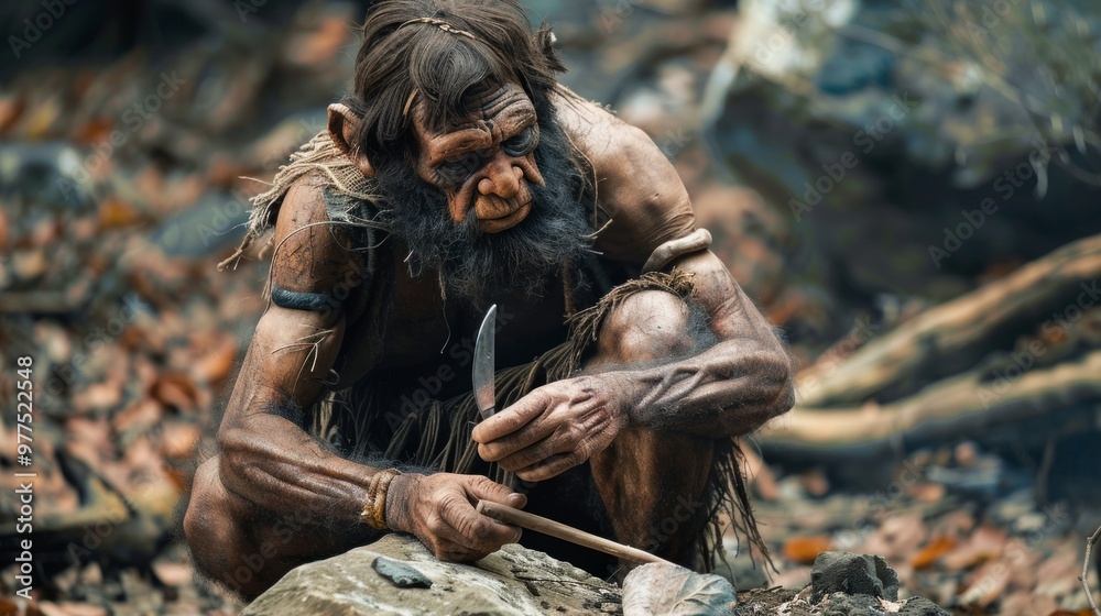 Neanderthal sits on rock in forest with stone tools, showcasing knapping technique of Stone Age ...