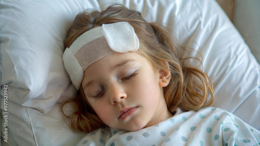 Sick girl with cold resting in bed with wet compress on her forehead ...