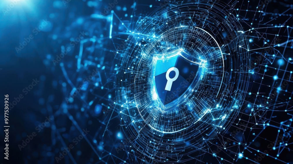 Modern digital security concept with a glowing shield and keyhole ...