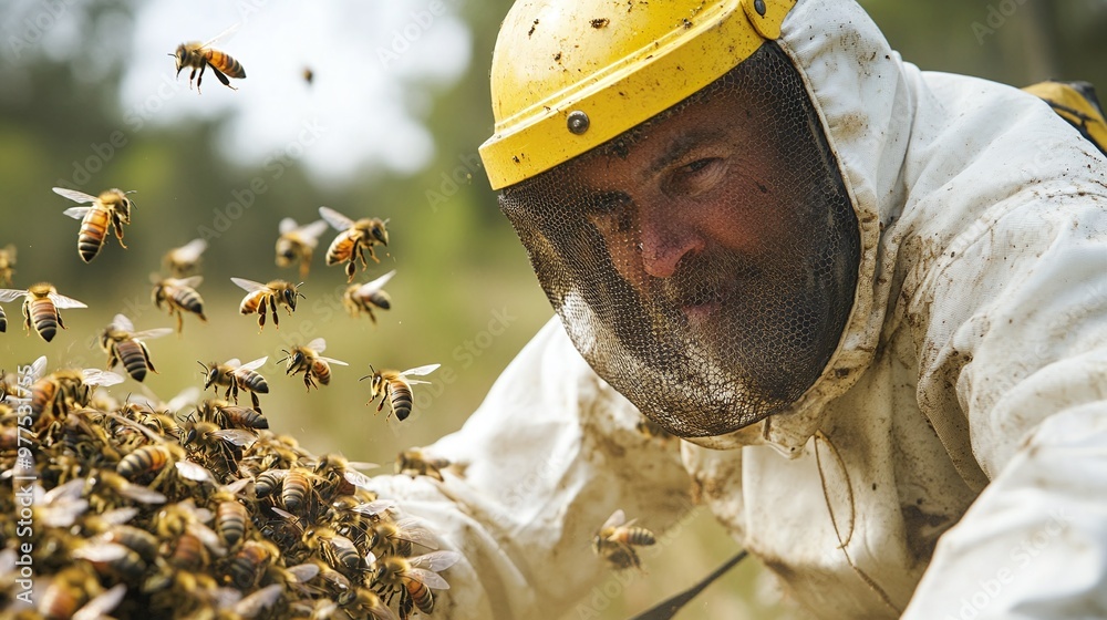 beekeeper in a full suit safely handling a swarm of bees highlighting ...