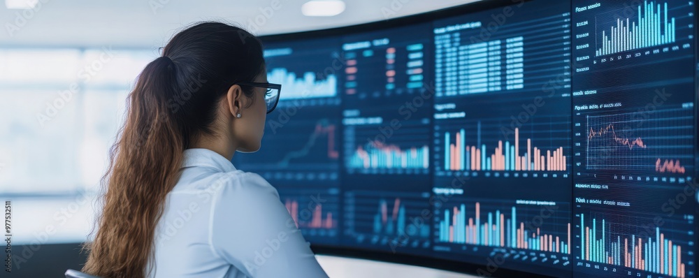 Professional woman analyzing data on a large screen, focusing on graphs and statistics in a ...