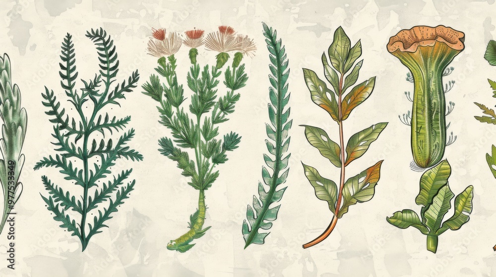 Vintage botanical illustration of prehistoric plants with detailed ...