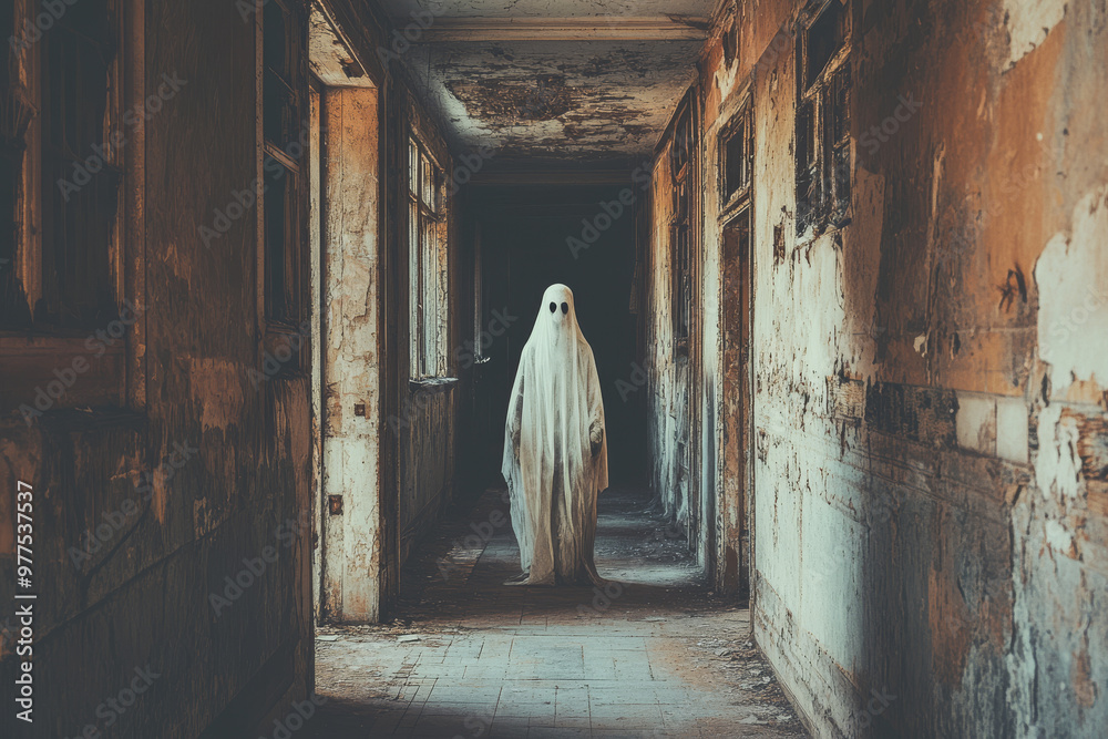 ghost in abandoned hallway, eerie atmosphere, decayed walls, haunted setting, spooky Halloween ...