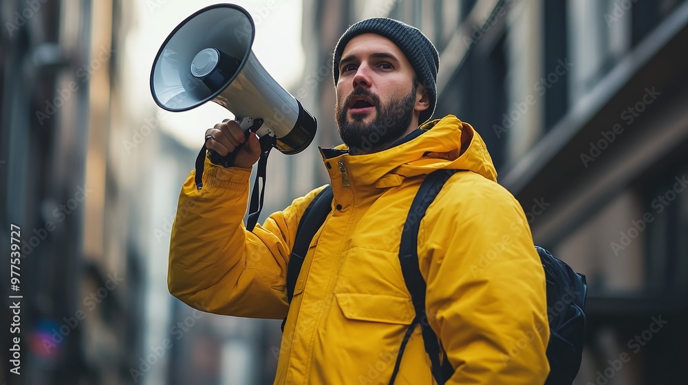 outdoor scene featuring a man in a yellow jacket with a megaphone ...
