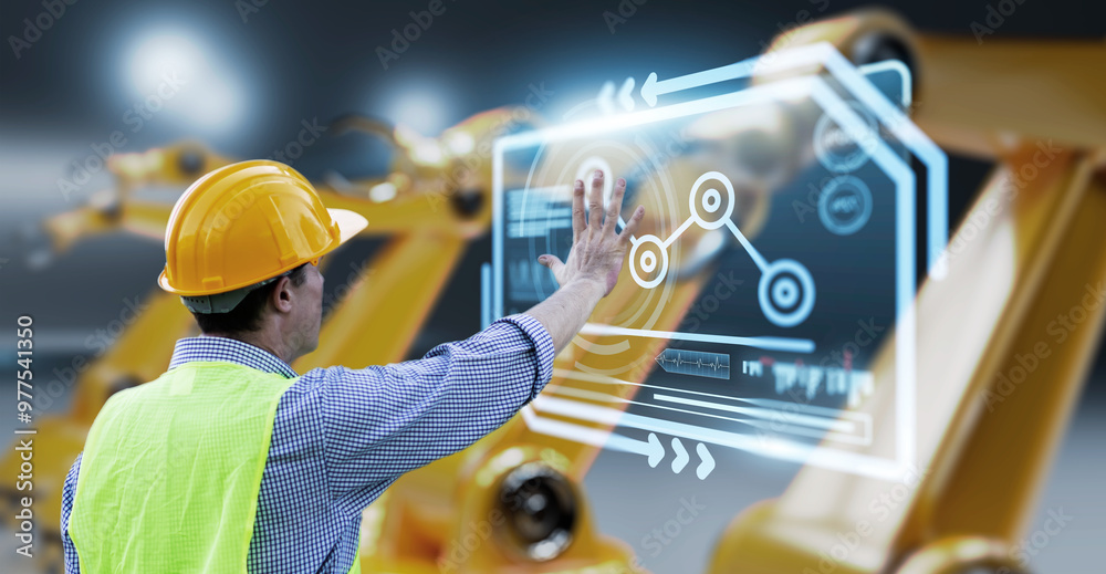 Engineer monitoring robotic AI arms in manufacturing factory plant ...