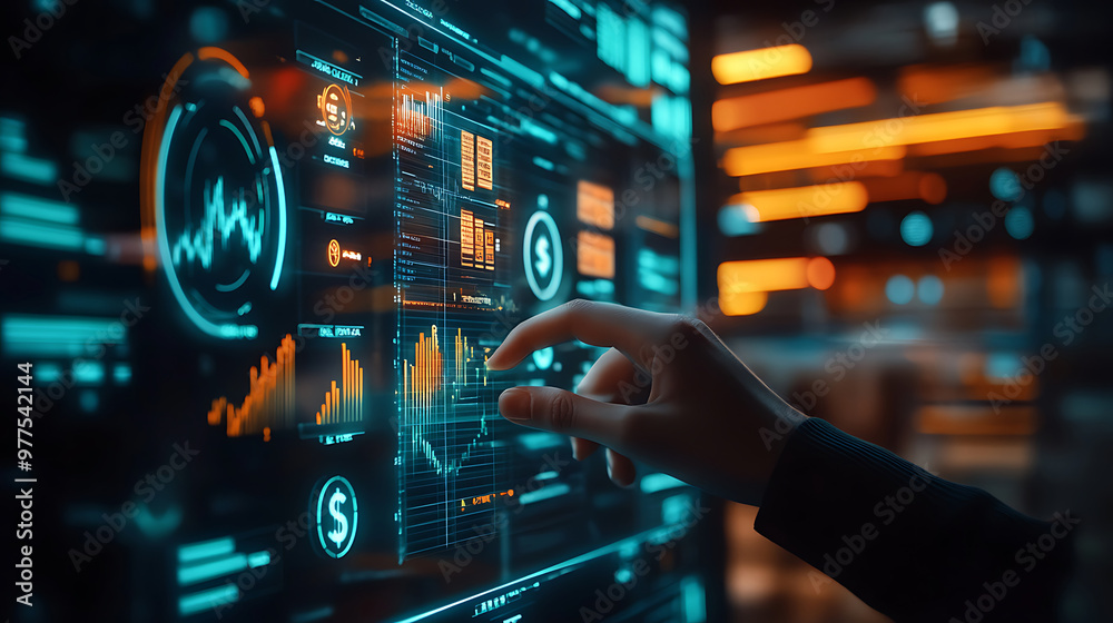 Business professional using a futuristic touchscreen interface to ...