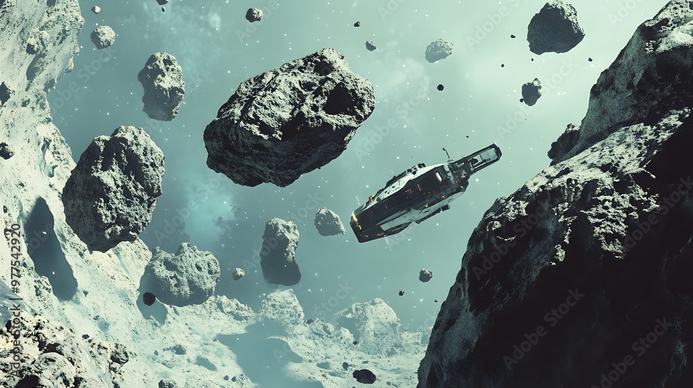 Asteroid and Spacecraft: A futuristic spacecraft navigating through a treacherous asteroid field ...