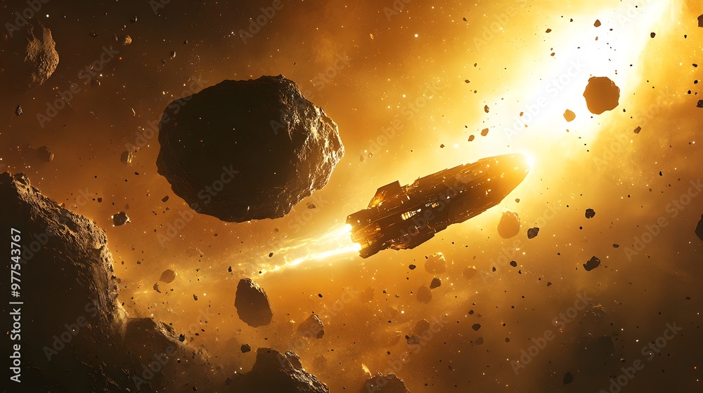 Asteroid and Spacecraft: A futuristic spacecraft navigating through a treacherous asteroid field ...