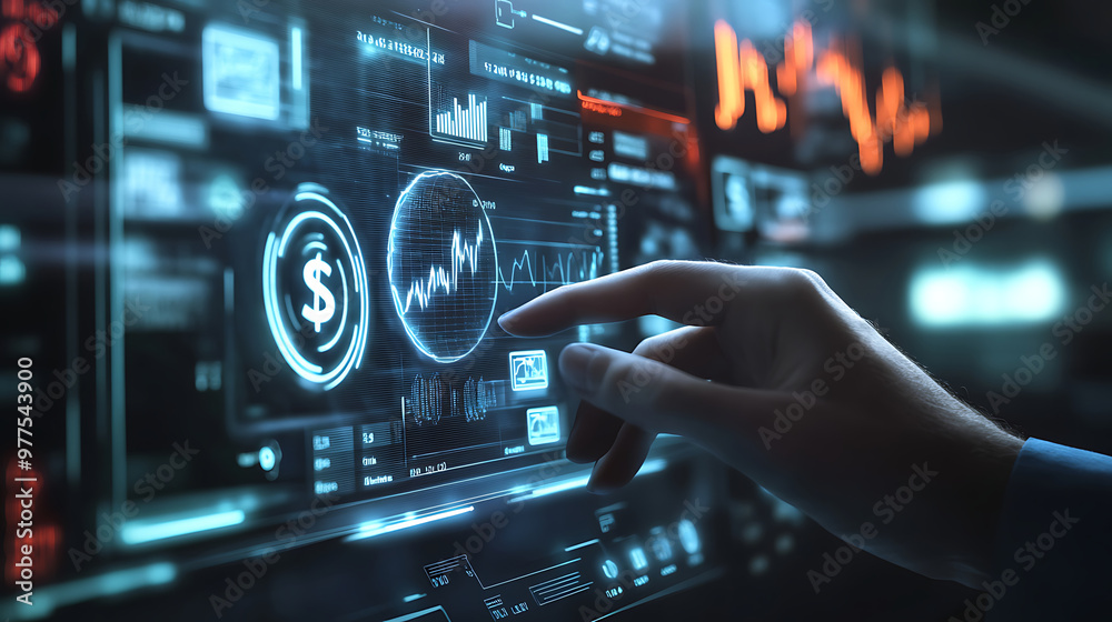 Business professional using a futuristic touchscreen interface to ...