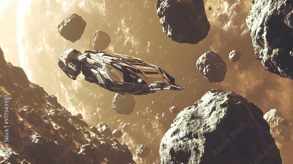 Asteroid and Spacecraft: A futuristic spacecraft navigating through a treacherous asteroid field ...