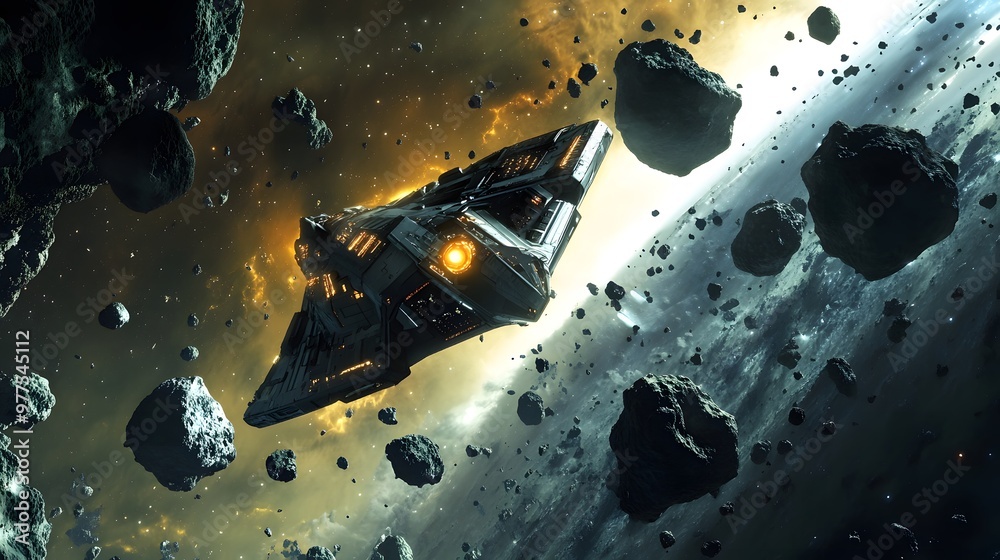 Asteroid and Spacecraft: A futuristic spacecraft navigating through a treacherous asteroid field ...