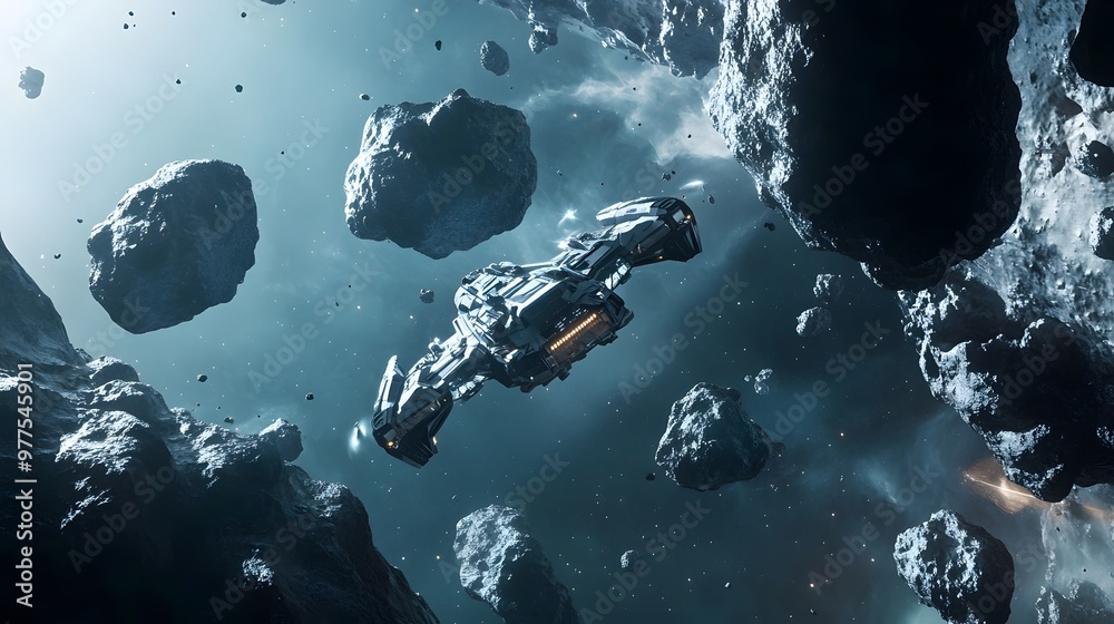Asteroid and Spacecraft: A futuristic spacecraft navigating through a treacherous asteroid field ...